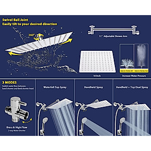 Shower Head Combo with 11'' Extension Arm，High Pressure Rain Shower Head with Handheld Shower Spray and Holder/ 1.5M Hose，Dual Rainfall Showerhead Set，Chrome (10 Inch)