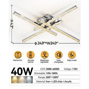 JFHTNFJ 24in Modern LED Ceiling Light, Acrylic Dimmable with Remote Control Flush Mount Ceiling Light Fixture, Silver LED Ceiling Lamp for Bedroom, Kitchen Island, Living Room, 3000K-6500K
