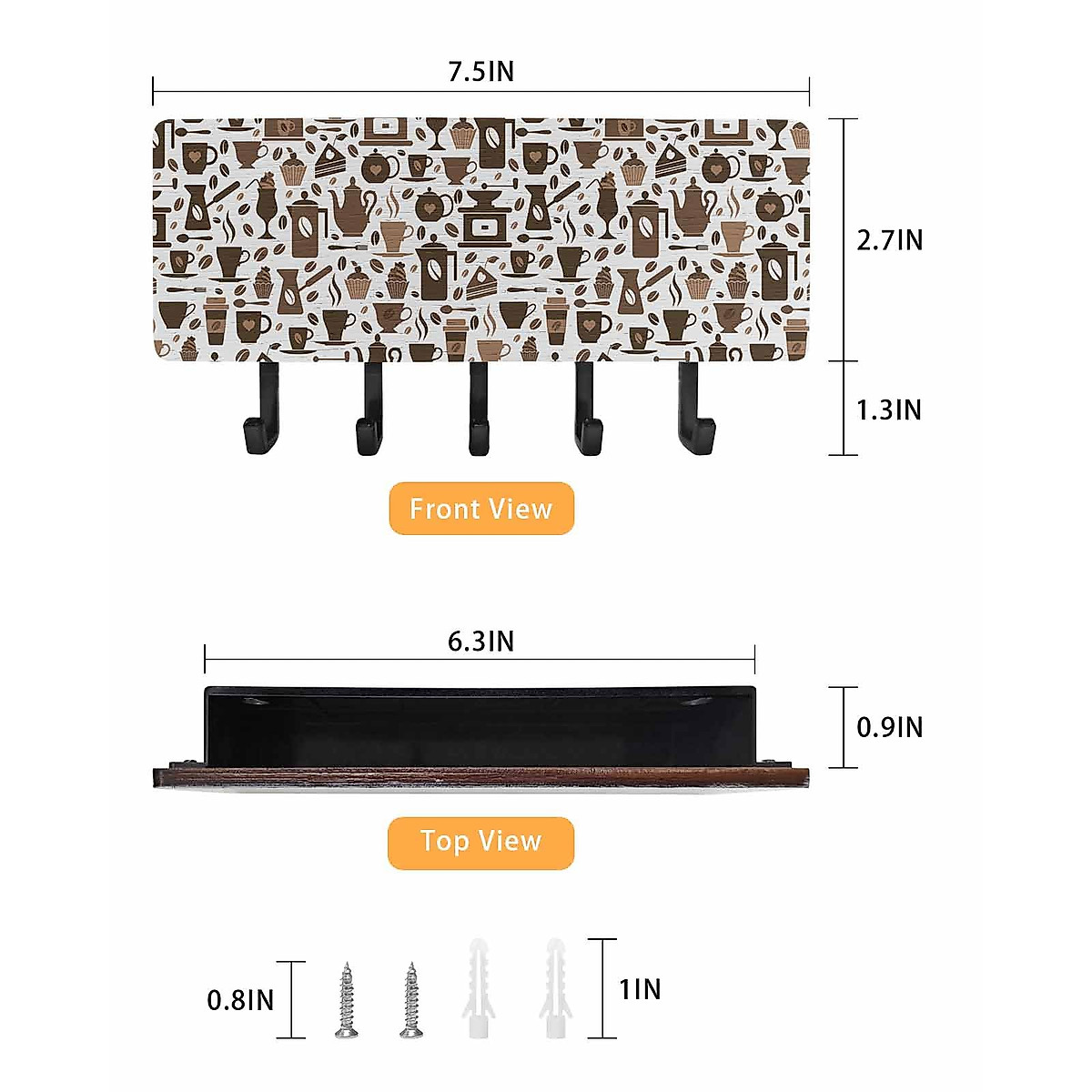 Zadaling Key Holder Wall Mount with 5 Key Hooks, Coffee Theme Cupcakes Afternoon Tea Key Organizer with Mail Basket Wall Decor for Home Entryway Hallway Kitchen Office, 7.5" x 2.7"