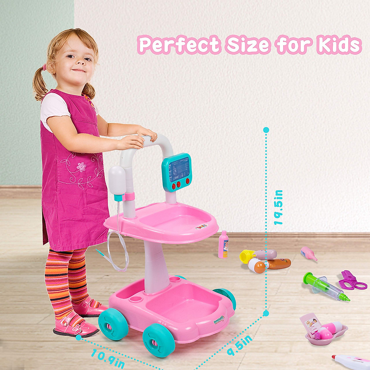 UNIH Doctor Cart Kit for Kids 3 4 5, Medical Play Set Realistic with Lights Toddlers Toys for Boys Girls 2-4 (Pink)