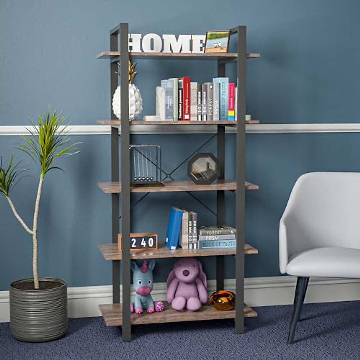 WEASHUME 5 Shelf Vintage Industrial Rustic Bookshelf, Metal and Wood Bookshelf Furniture Farmhouse Wooden Bookshelves for Home Living Room Bedroom Office Storage (Vintage Brown)