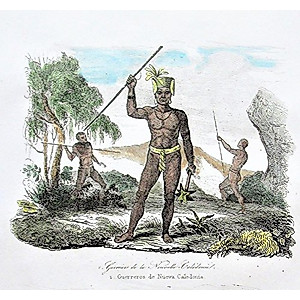 Antique Copperplate Engraving: A Warrior of New Caledonia and War Tools