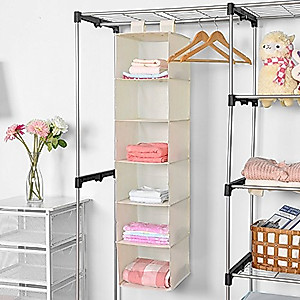 MaidMAX 6 Shelf Hanging Closet Organizer Storage Collapsible Hanging Closet Shelves Hanging Organizer for Closet with 2 Widen Straps, Foldable, Beige, 51.5 Inches High