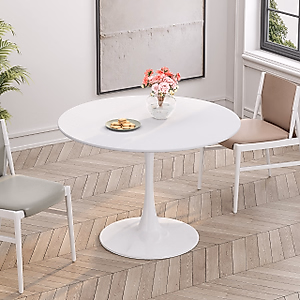 Ufurpie 42" Round Dining Table,Mid-Century White Tulip Table,Metal Base Pedestal Table for 4-6 Person,Easy Assembled End Table Leisure Coffee Table