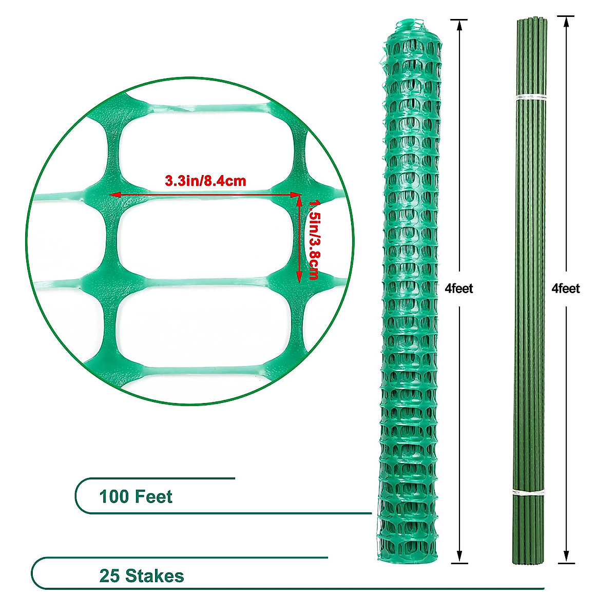 Temporary Garden Fence, Snow Fence, Plastic Safety Fence 4’ x100’ with 25 Steel Fence Stakes & Zip Ties –Temporary Fencing,Plastic Netting Mesh Barrier for Dogs Chickens, Small Animal and Plants