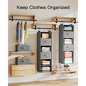 Pipishell Hanging Closet Organizer 6-Shelf, Hanging Shelves for Closet with 3 Removable Drawers & Side Pockets, Hanging Shelf Organizer for Bedroom or Garment Rack, 12'' x 12'' x 43.3'', Dark Gray