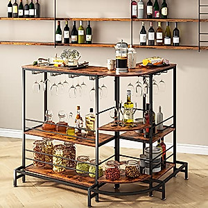 kepptory L-Shape Bar Table, 3-Tier Liquor Bar Table with Storage & Glasses Holder & Footrest, Farmhouse Wine Bar Cabinet for Home, FreeStanding Sideboard and Buffet Cabinet, Retro Brown