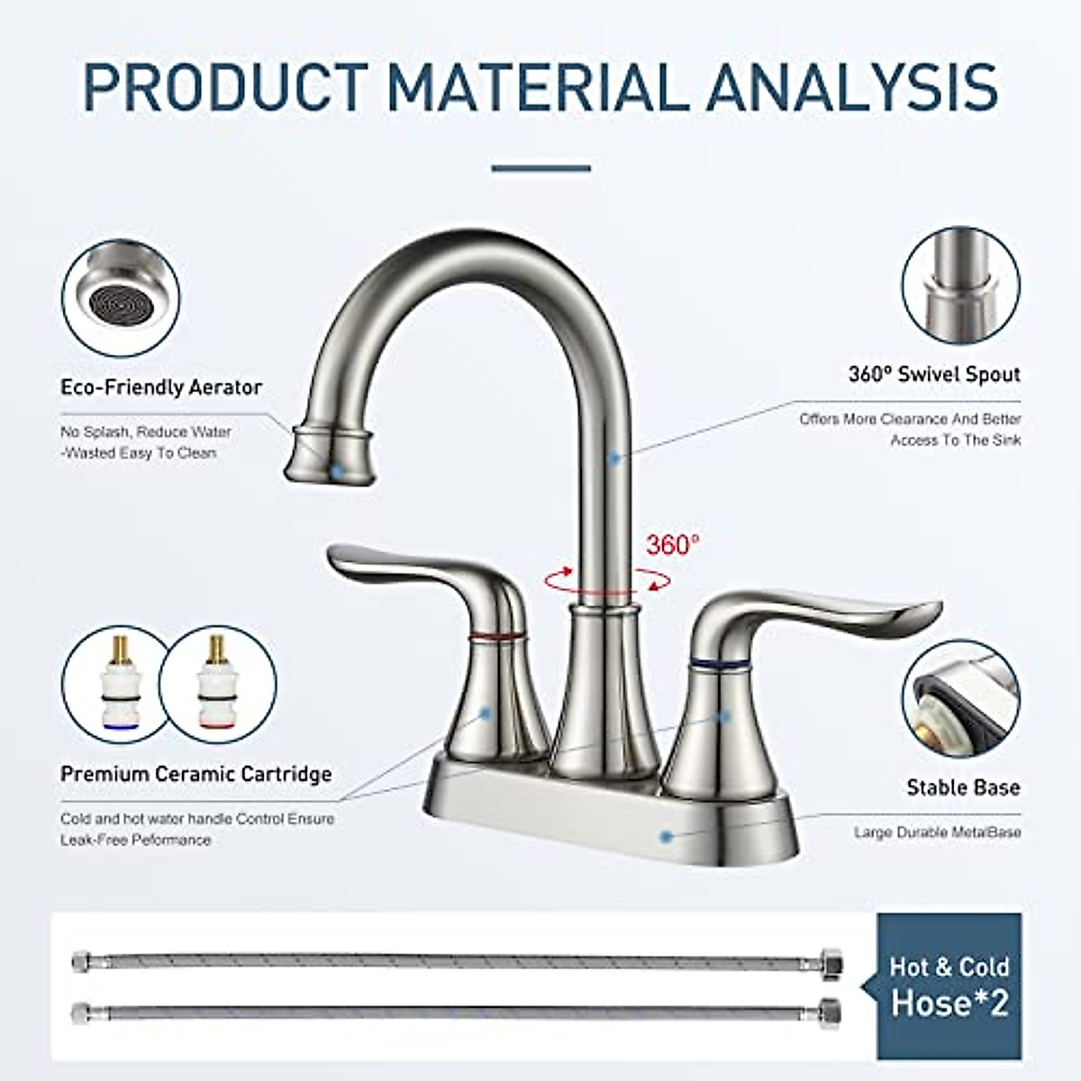 Bathroom Sink Faucet GENBONS 4 Inch 2 Handle Centerset Bathroom Faucet Brushed Nickel Bath Sink Faucet with Pop-up Drain Stopper and Supply Hose, Bathroom Faucets California Compliant