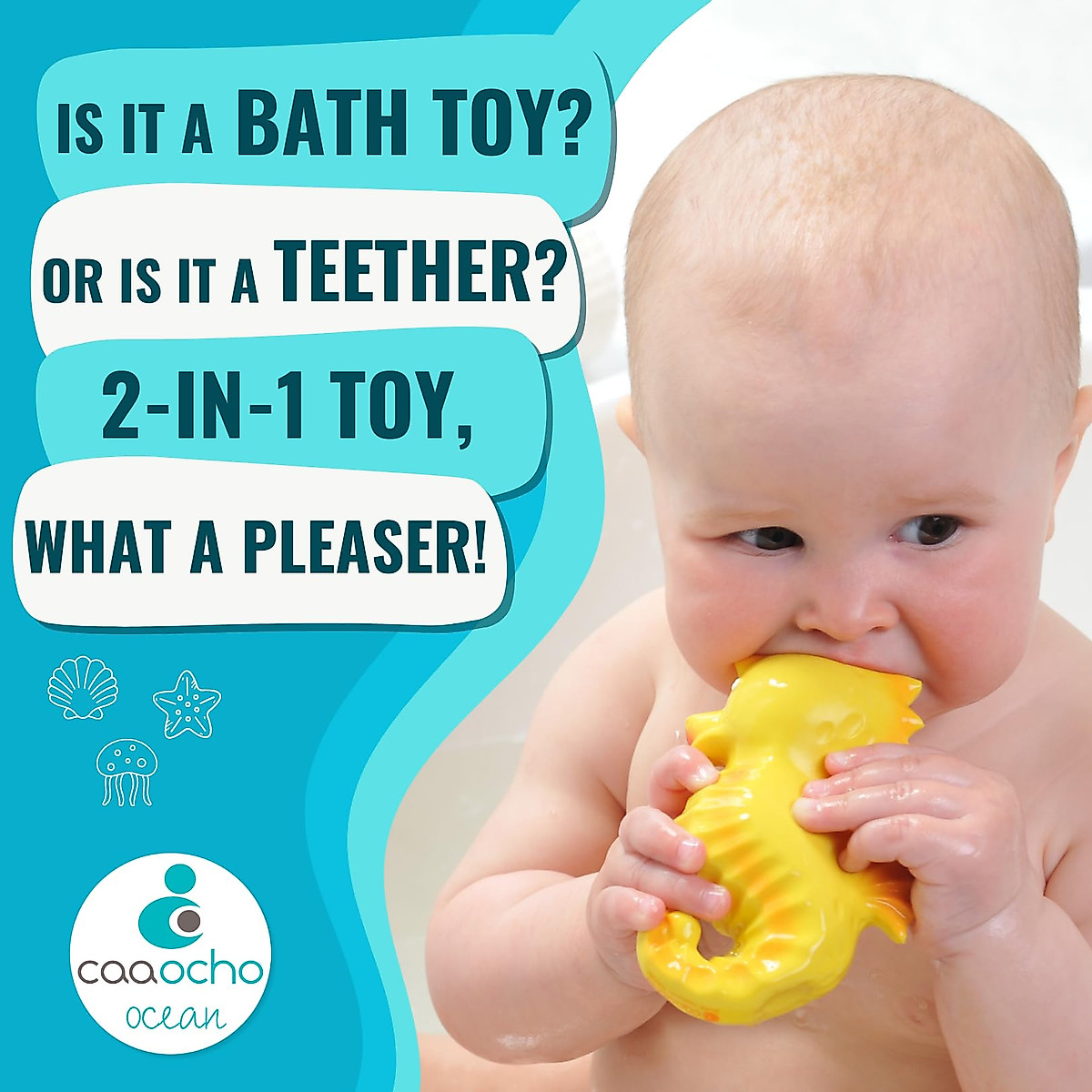 caaocho Pure Natural Rubber Bath Toy - Nalu The Seahorse Baby Toy - Hole Free Bath Toys, BPA Free Bath Toys for Infants, Without Holes Sealed Natural Rubber Baby Toy