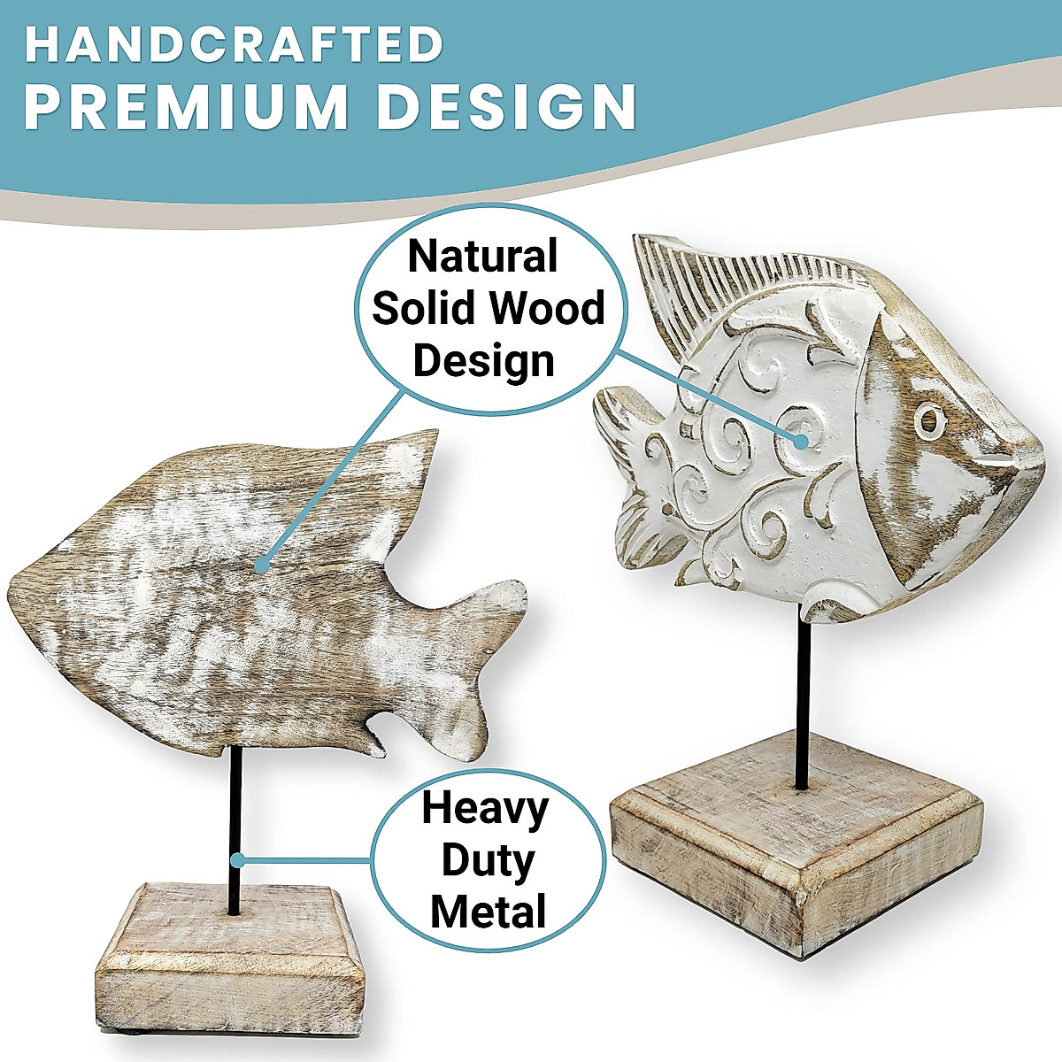 Wooden Fish Sculpture Home Decor | Handmade Beau Butter Fish Statue on Base Stand | Nautical Beach House Decor Rustic Centerpiece Table Decor for Office, Living Room (Beau Butter Fish)