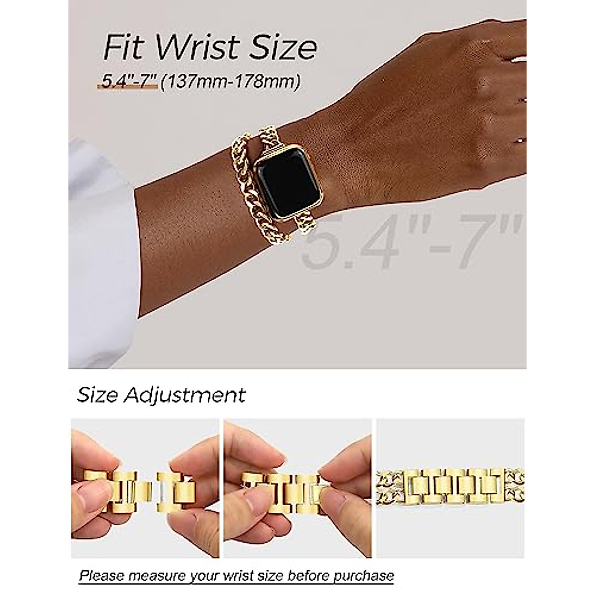 JR.DM Gold Watch Bands for Women Compatible with Apple Watch Band 38mm 40mm 41mm 42mm (S10) Adjustment Metal Band Cowboy Steel Chain Bracelet for iWatch Series 9/8/7/6/5/4/3/2/1/SE/Ultra (No Case)