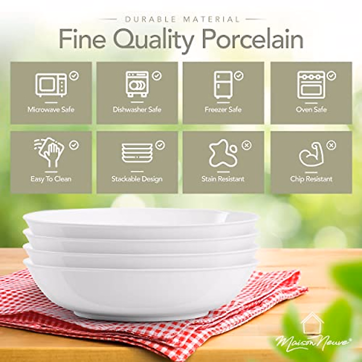 Maison Neuve Premium Porcelain White Dinner Bowls [Set of 4]- 29oz Dinnerware Kitchen Bowls For Soups, Noodles, Pasta, Salad, Cereal, Desserts- Durable Dishwasher-Safe 8.25” Serving Bowls- Super White