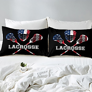 Lacrosse Comforter Cover Queen Size,Sports Ball Games Themed Bedding Set for Modern Room,American Flag Print Duvet Cover Set with 2 Pillowcases, Ultra Soft Bed Spread