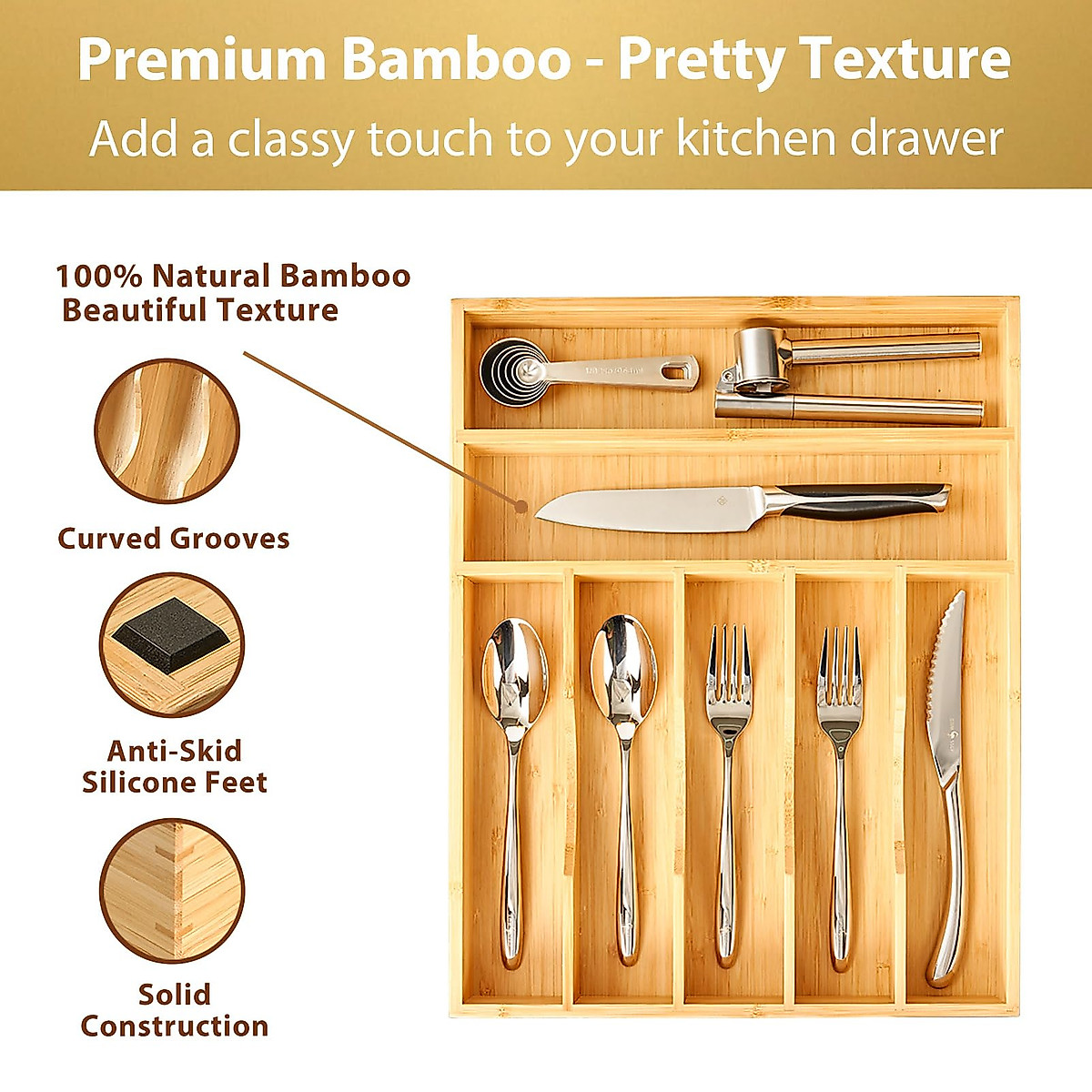 Kitchen Drawer Organizer, 13 Inch Silverware Utensil Tray Holder, Extra Deep, with Non-Slip Feet & Grooved Drawer Divider, 7 Slots Total Bamboo Wood Caddy for Flatware Cutlery Knives, Forks, Spoons