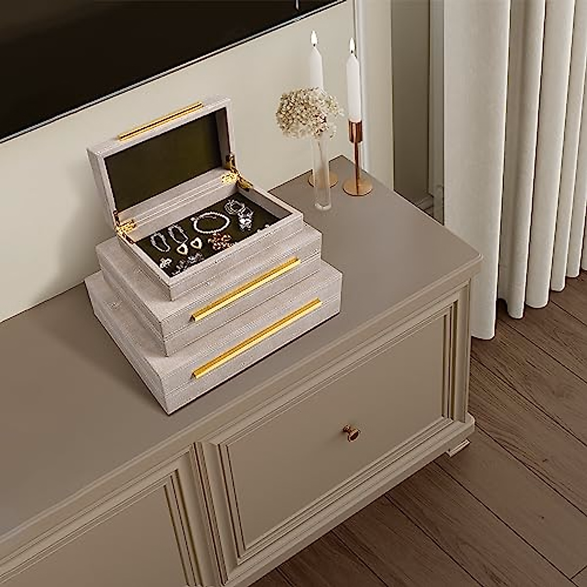 PETIARKIT Set of 3 Faux Leather Decorative Storage Boxes with Lids - Jewelry and Accessory Organizer for Women and Men, Countertop Home Decor (Beige)