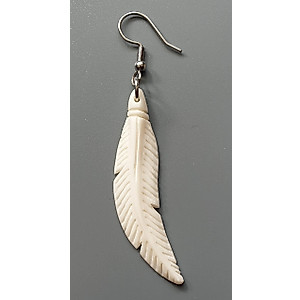 Swimmi 2.4 inch Bone Feather Earrings, Hand Craved Feather Bone Earrings, Handmade Dangle Drop Hook Bone Jewelry FA026