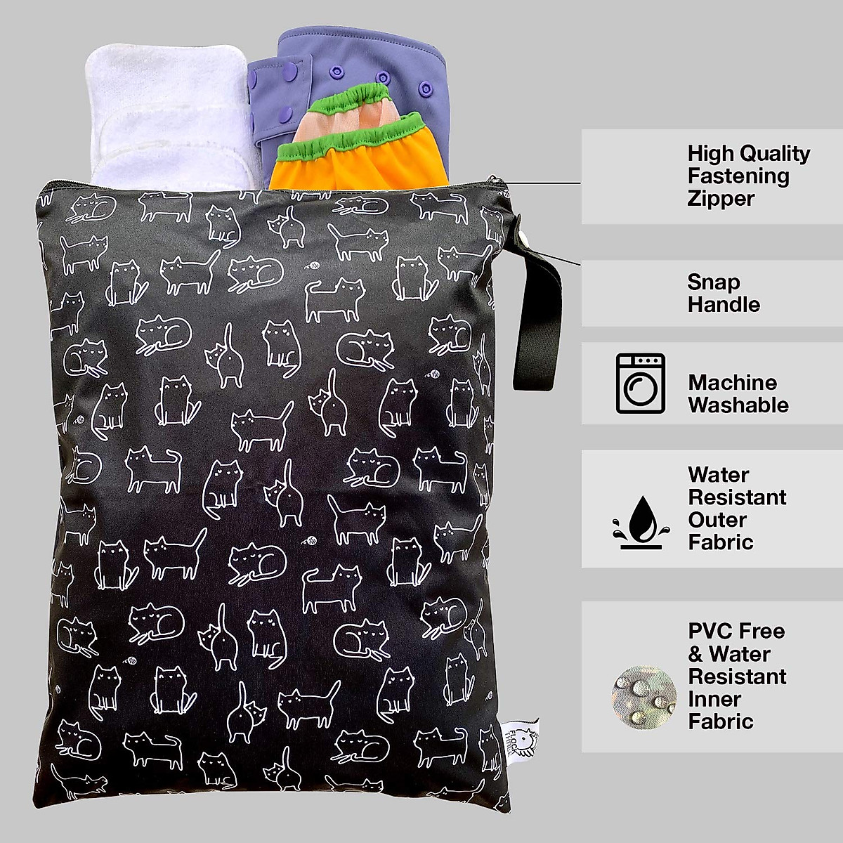 FLOCK THREE Waterproof Wet Bag Reusable for Wet Clothes Baby Diapers Stroller Swimsuit Travel Washable toiletries Pouch Large Electronics case 12.6'' x 16.5'' (Black Cats)