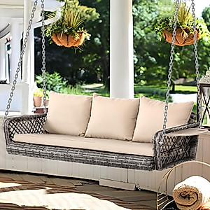 LETATA 3-Person Porch Swing 63in Wicker Hanging Swing Bench with Cushions Cupholders Swing Chair with Adjustable Chains Heavy Duty 660lbs for Deck Garden Backyard