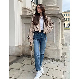 Faleave Womens Cropped Jacket Long Sleeve Belted Trench Coat Solid Color(Khaki-M)