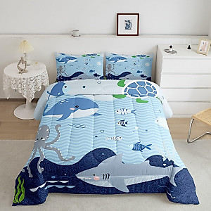 Homewish Shark and Whale Comforter Set,Cartoon Sea Animal Bedding Set for Kids Girls Women,Adults Octopus Turtle Comforter,Underwater World Quilted Duvet Set Bedroom Collection Twin Size 2Pcs