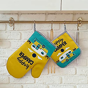 Happy Camper,Oven Mitts and Pot Holders Sets of 2，Funny Oven Mitt，Silicone Non-Slip Oven Mitts,Gift for Hiker Traveler Adventurist，Perfect for Kitchen,Cooking,Baking,Grilling
