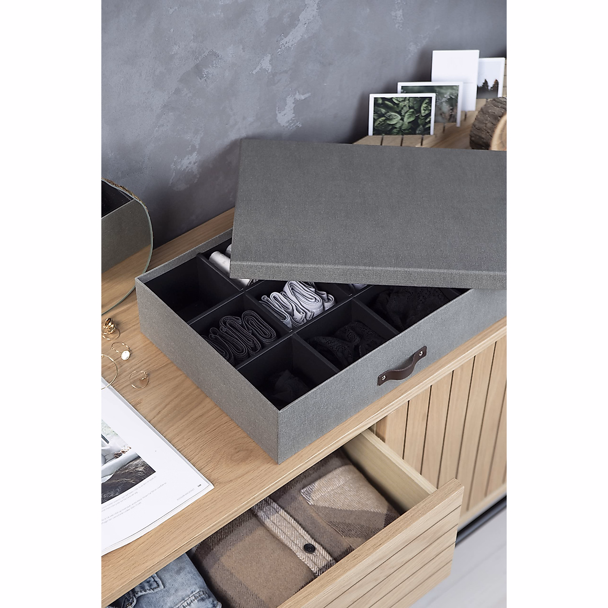 Bigso Box of Sweden Small Storage Box with 12 Compartments and Leather Handle - Fabric Storage Organiser for Shelves or Drawers - Drawer Organiser for Underwear, Socks, Jewellery, etc. - Grey