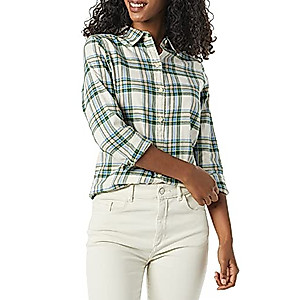 Amazon Essentials Women's Classic-Fit Long-Sleeve Lightweight Plaid Flannel Shirt, Ivory Green Alpine Plaid, Medium