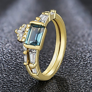 JIANGYUE Gold Emerald Cut Engagement Ring for Women Cubic Zirconia Engagement Ring Wedding Ring Set Promise Rings for Her Size 8