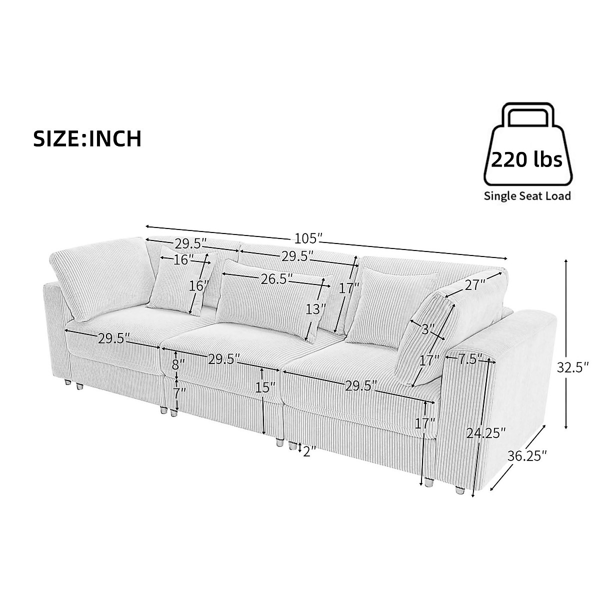 Merax 105" Couch Sofa with 5 Pillows and Removable Back Cushions, 3 Seater Corduroy Chaise Lounge Recliner for Living Room, Apartment Furniture, Beige