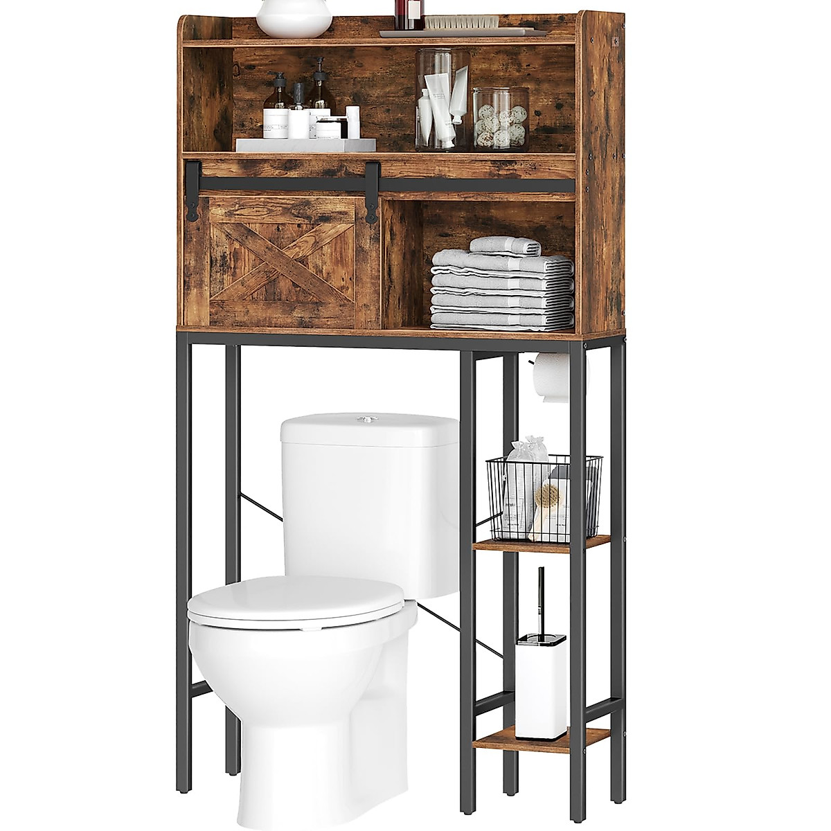 HOOBRO Over The Toilet Storage Cabinet, Bathroom Organizer Stand with Toilet Paper Holder, Space-Saving Toilet Storage Rack, Sliding Barn Door, Rustic Brown and Black BF82TS01