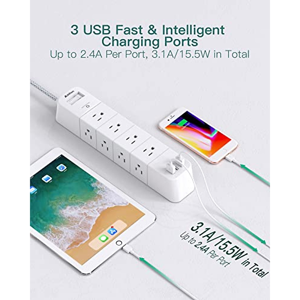 Surge Protector Power Strip - Addtam 10 Ft Long Extension Cord with 12 Outlets(3-Side) and 3 USB Ports, Flat Plug Overload Surge Protection Outlet Strip, Wall Mountable for Home, Office and Dorm