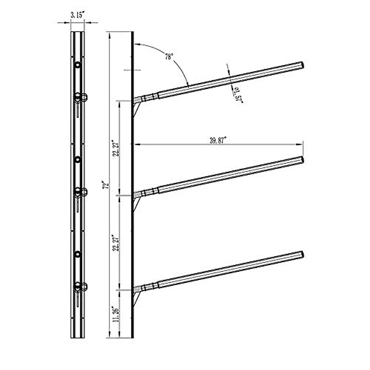 Krypt Towers Multisport Indoor/Outdoor Wall Mount Storage Rack, 3 x Kayak Wall Rack, Aluminum T6061 Lightweight and Heavy Duty Canoe Wall Mount, 78 Degree - 40" Length Fingers for Secure Storage