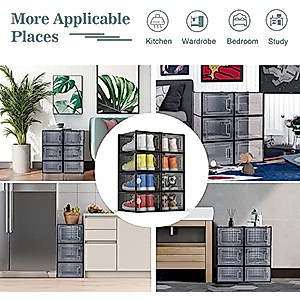 WAYTRIM Stackable Sneaker Storage Shoe Box, 8 Pack Foldable Shoe Box Clear Plastic Storage shoe drawers Shoe Container Drop Front Sneaker Organizer for Women Size 11 Sneaker Rack for Men,Black