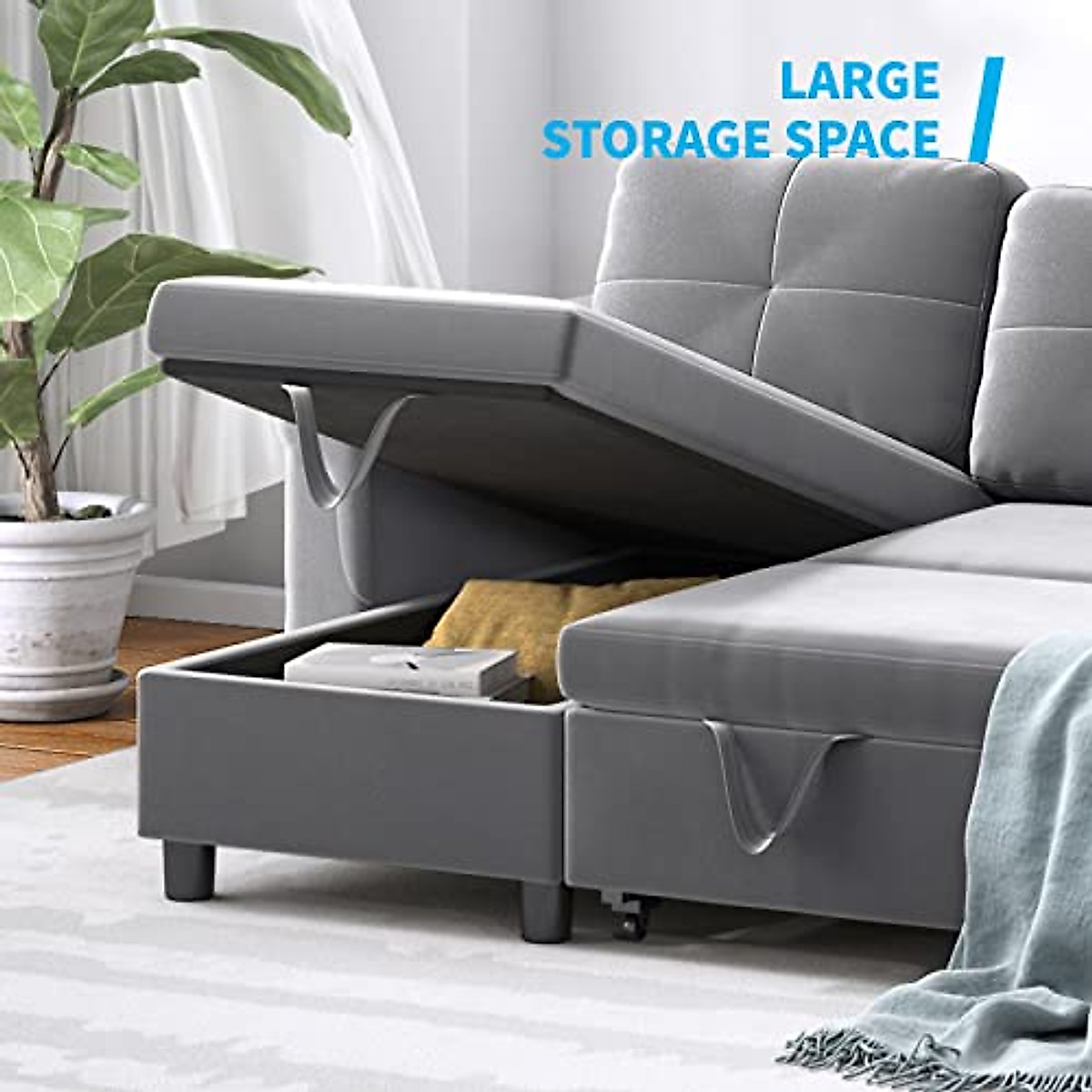 Mjkone 3 Seat L-Shape Sectional Sofa Couch with Pull Out Bed and Reversible Storage Chaise, Modern 84 Inch Sleeper Sofa with Breathable Velvet Fabric for Living Room, Light Gray