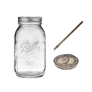 Regular Mouth Quart 32-Ounces Ball Mason Drinking Jar With Ball Sip & Straw Lid - Fits Regular Mouth Mason Jars - For Smoothies, Milk Shakes, Protein Shakes, Iced Coffee, Tea & Dishwasher Safe