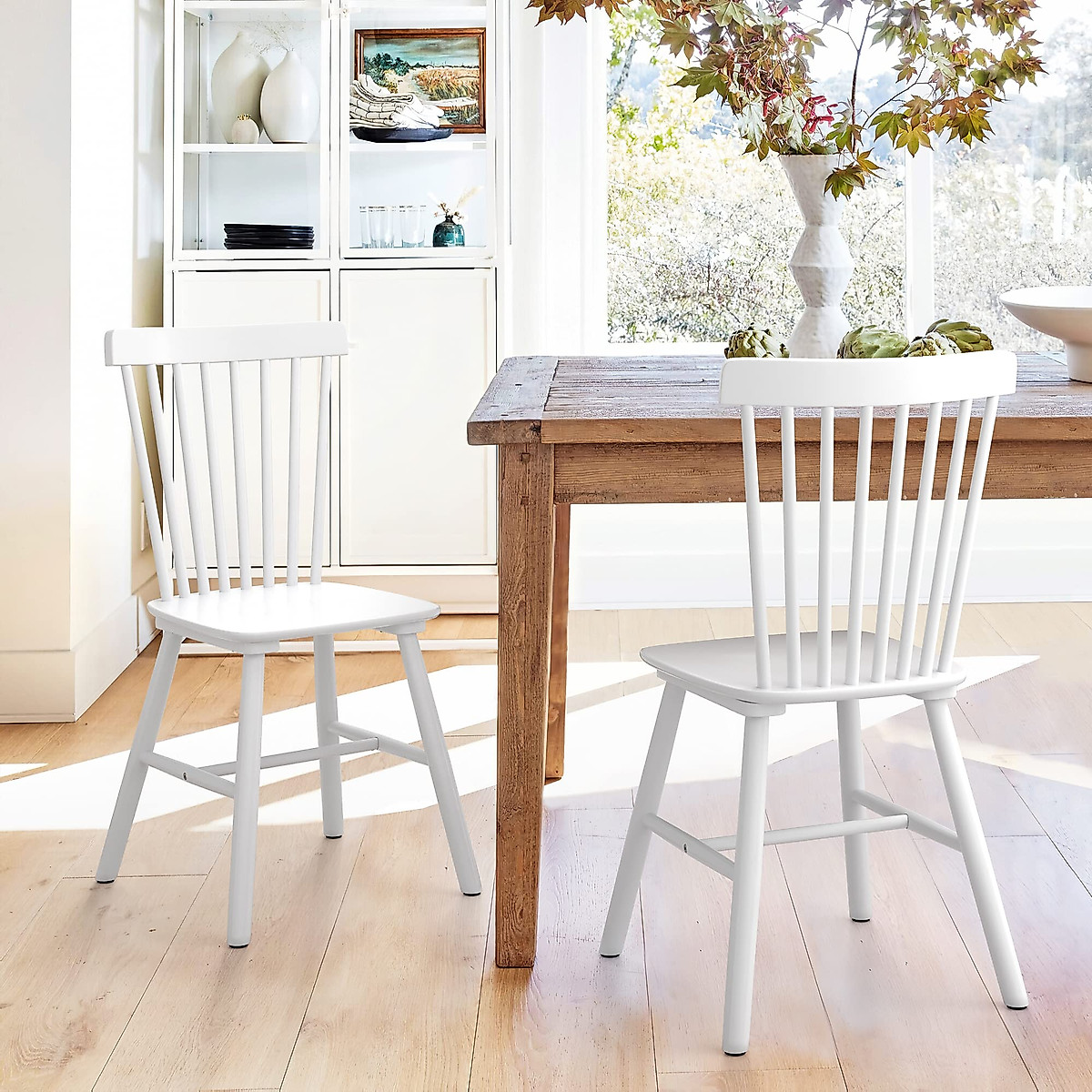 LUE BONA Windsor Dining Chairs Set of 2, Solid White Wood, Slat Back, Arm Rest, Cushion Availability