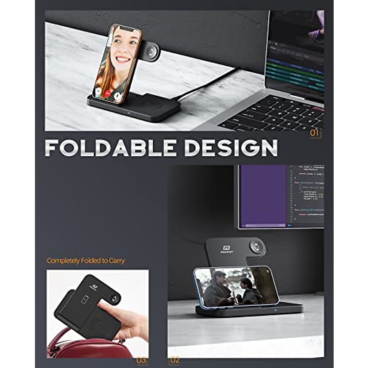 Wireless Charger, PAUCHY 3 In 1 Fast Wireless Charging Station, Qi Wireless Charger for iPhone 13/12/11/Pro/XS/XR, Foldable Wireless Charging Stand Compatible with iWatch 6/SE/5/4/3/2, Airpods 3/2/Pro