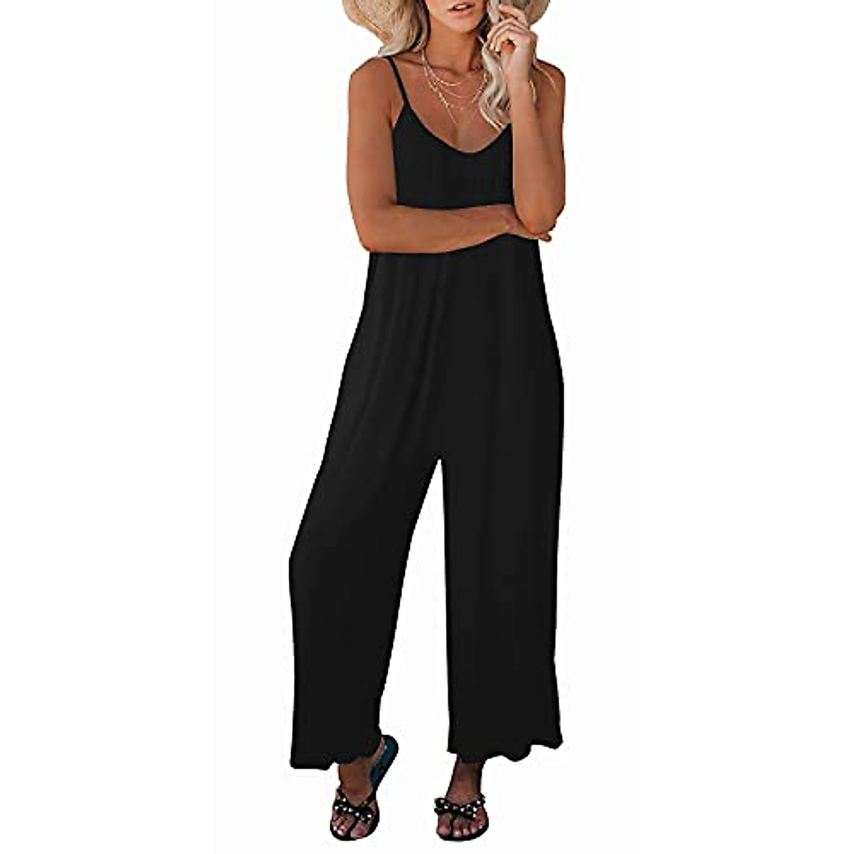 snugwind Womens Casual Sleeveless Strap Loose Adjustable Jumpsuits Stretchy Long Pants Romper with Pockets X-Large Black