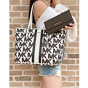 Michael Kors Jet Set Travel Medium Carryall Tote Graphic MK White Stripe Bundled with Michael Kors Jet Set Large Brown Trifold Wallet