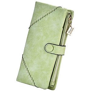 Women Vegan Leather Wallet Bifold Clutch Large Capacity Card Organizer Buckle Long Purse for Girls Candy Color (Light Green) …