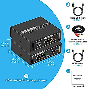 HDMI Audio Extractor,4K HDMI to HDMI with Audio 3.5mm AUX Stereo and L/R RCA Audio Out,HDMI Audio Converter Adapter Splitter Support 4K 1080P 3D Compatable for PS3 Xbox Fire Stick.