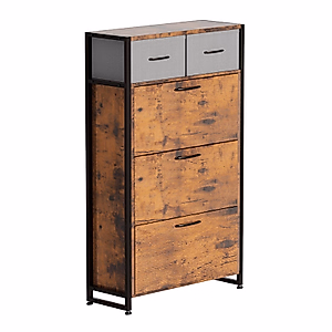 HSSZXFR Narrow Shoe Cabinet for Entryway Slim Shoe Rack Cabinet 3 Drawer Farmhouse Shoe Rack for Closet with Adjustable Shelf, Freestanding Wood Closed Shoe Rack for Home and Apartment