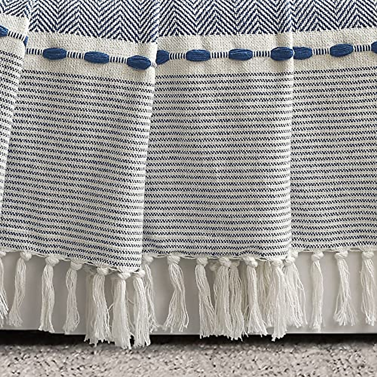 Lush Decor Herringbone Stripe Yarn Dyed Cotton Woven Tassel Blanket, 60" x 50", Navy