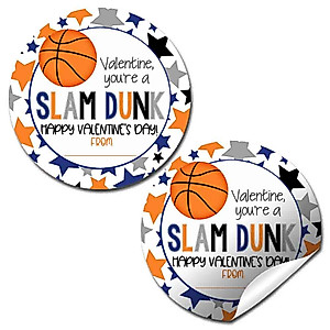 Slam Dunk Basketball Valentine Party Favor Sticker Labels for Boys, 40 2" Party Circle Stickers by AmandaCreation, Great for Classroom Valentines, Envelope Seals, Gifts & Treats