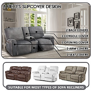 ULTICOR Reclining Loveseat with Middle Console Slipcover, 8-Piece Velvet Stretch Sofa Covers, 2 seat Loveseat Recliner Cover, Thick, Soft, Washable(Dark Grey)