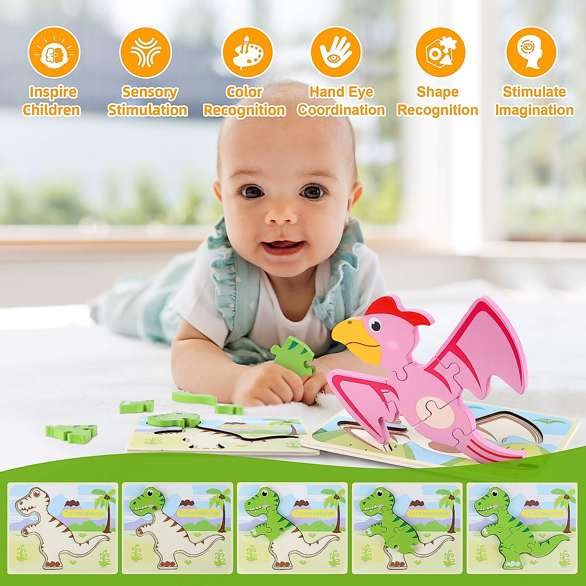 6 Pieces Set of Wooden Dinosaur Puzzles for Children 1-5 Years Old, Wooden Puzzles for Montessori Learning for Toddlers, Preschool Educational Toys, 3D Dinosaur Puzzles for Boys and Girls Gift
