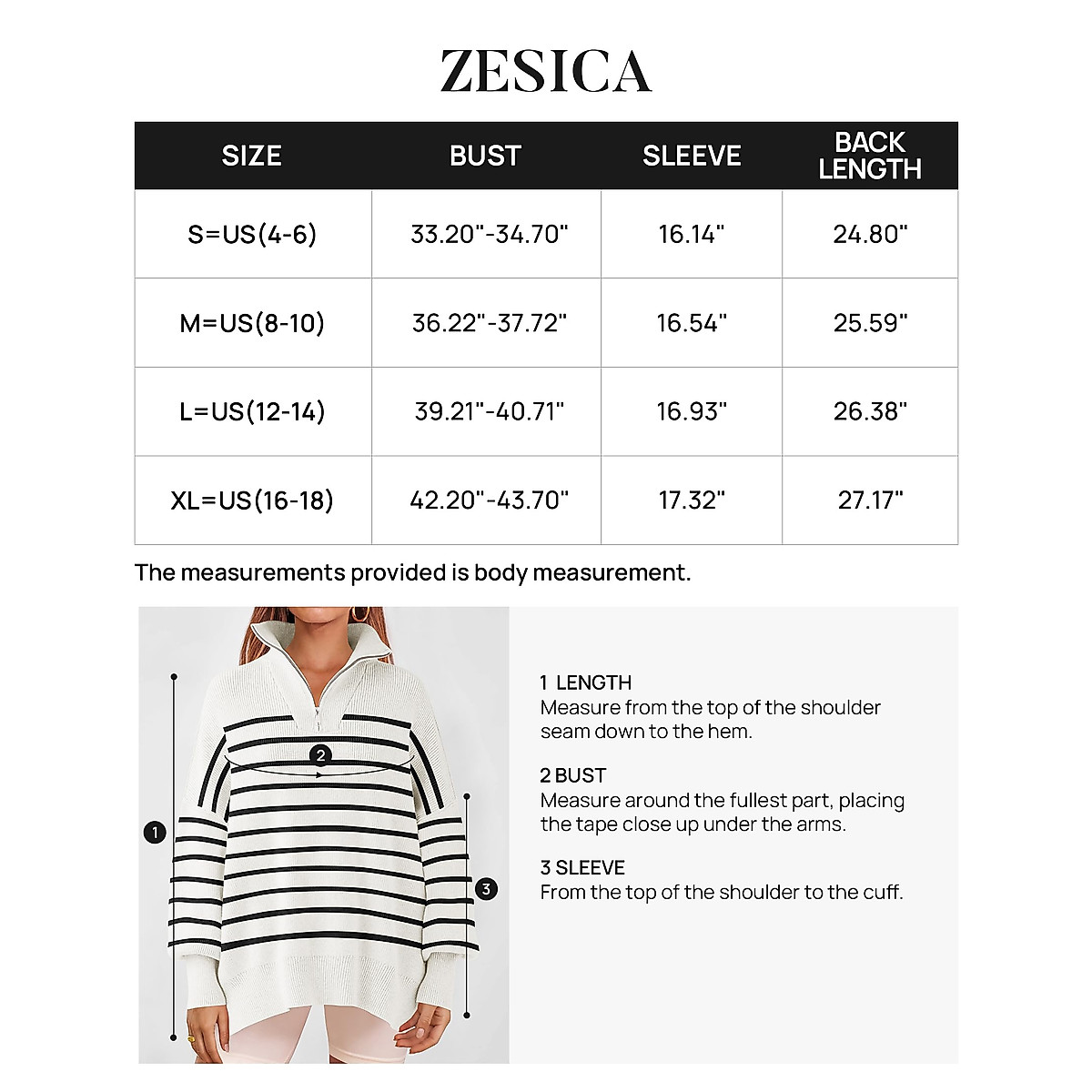 ZESICA Women's Striped Sweaters Half Zipper Long Sleeve Ribbed Knit Loose Oversized Pullover Sweater Tops,White,Small