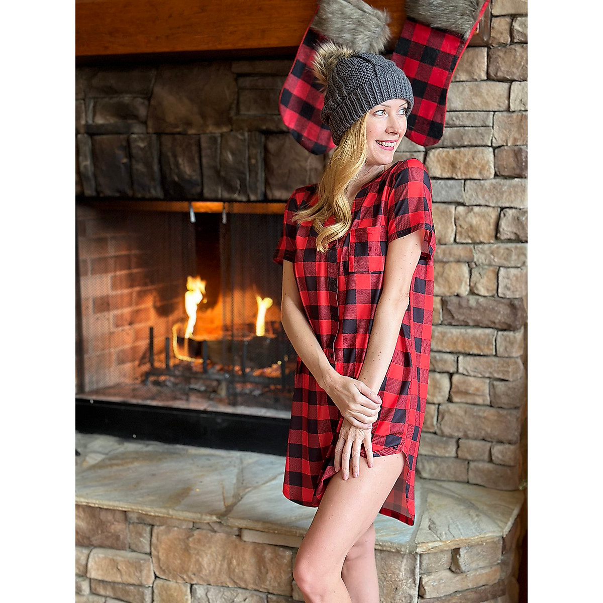 Ekouaer Womens Night Gowns Button Up Sleep Dress Comfortable Night Shirt Classic Red Black Plaid Nightgown