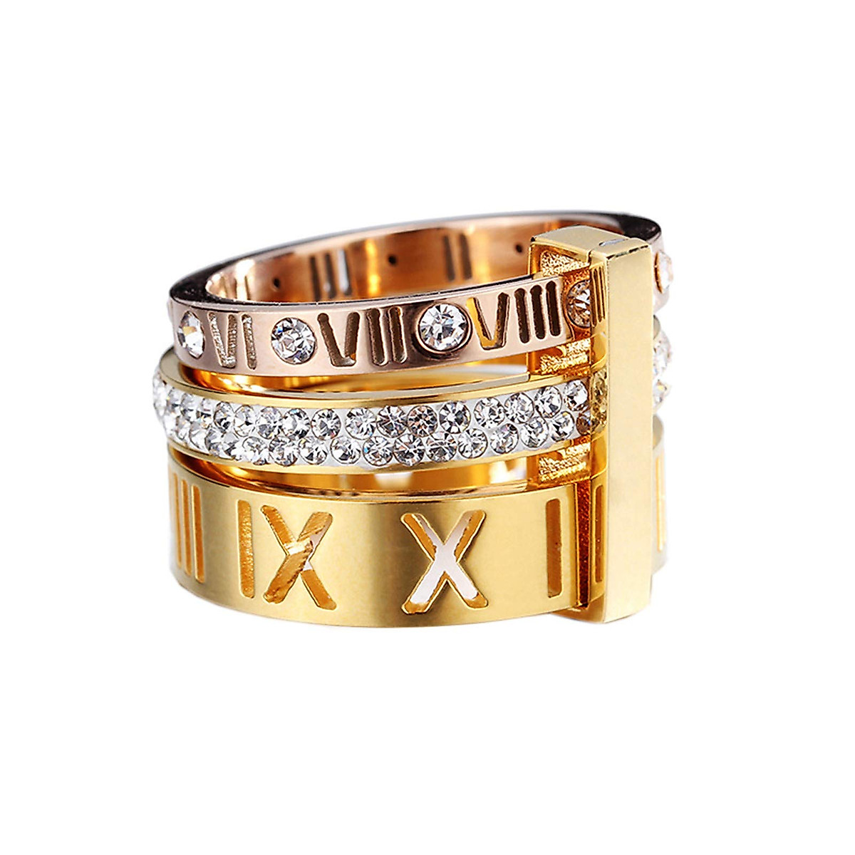 PAMTIER Women's Stainless Steel with Zirconia Roman Numerals 3 in 1 Ring Rose + Gold Size 6.5