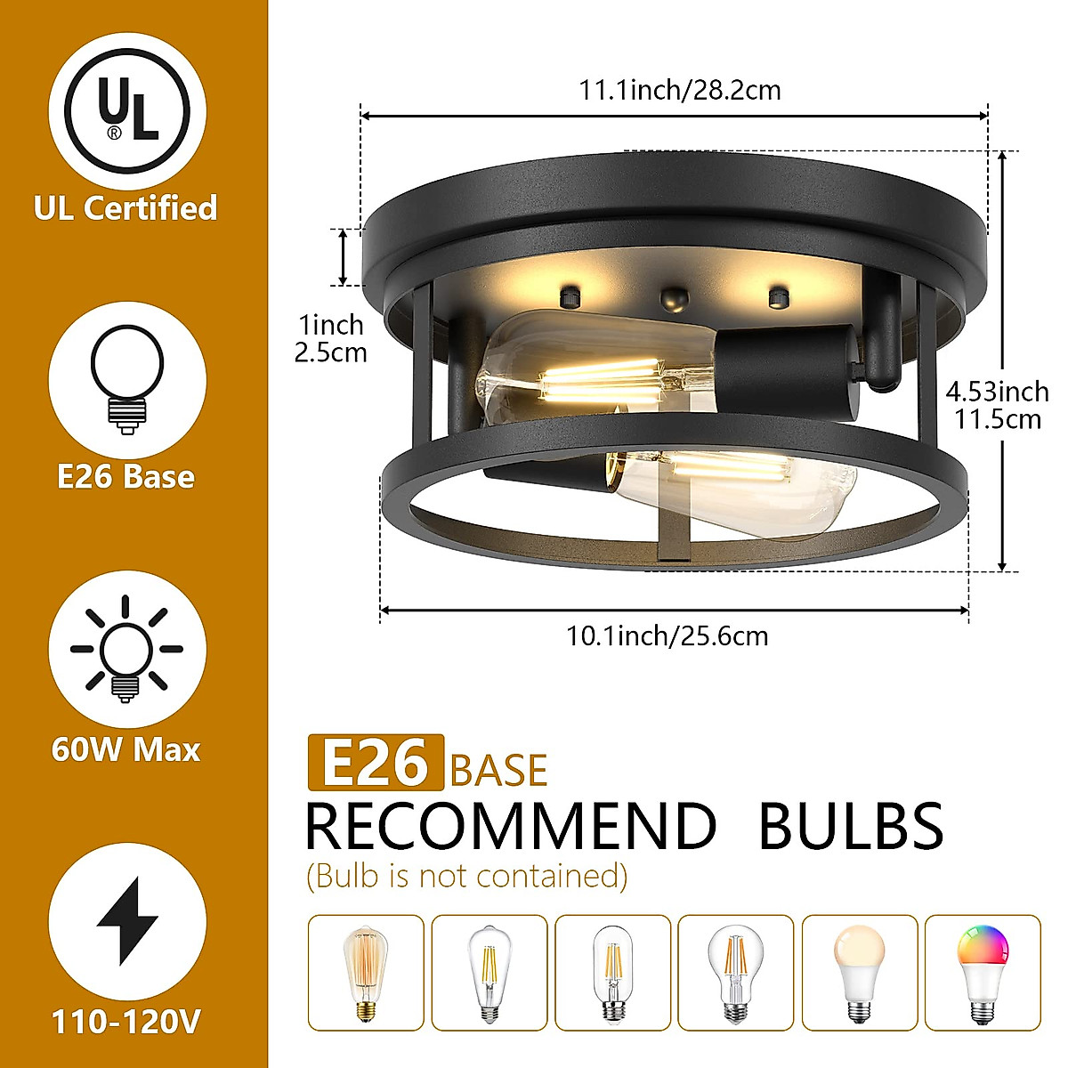 Feanron Farmhouse Matte Black Flush Mount Ceiling Light 2 Pack, 2-Lights 11 Inch Hallway Metal Cage Lighting Fixtures Ceiling Mount for Kitchen, Living Room, Bedroom, E26 Base (Bulb Not Included)